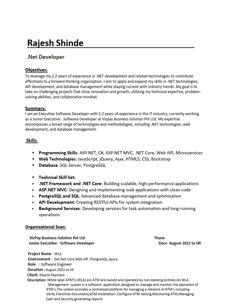 AR Rajesh Shinde - .Net Developer | PDF | Computing | Information ...
