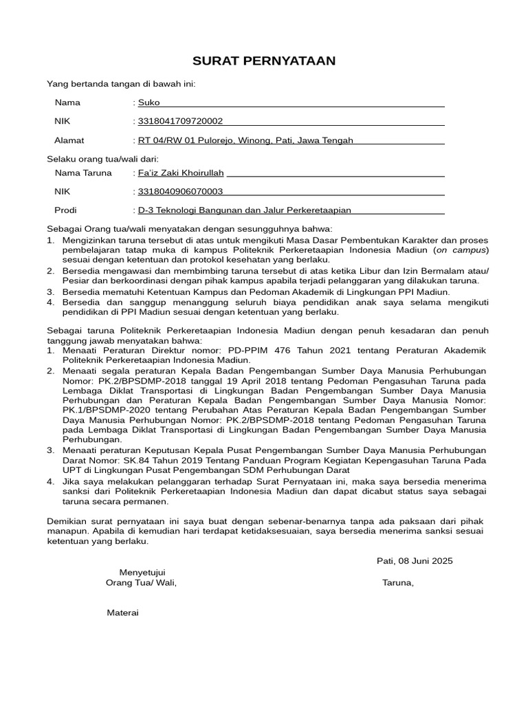 Surat Pernyataan PPI Madiun | PDF