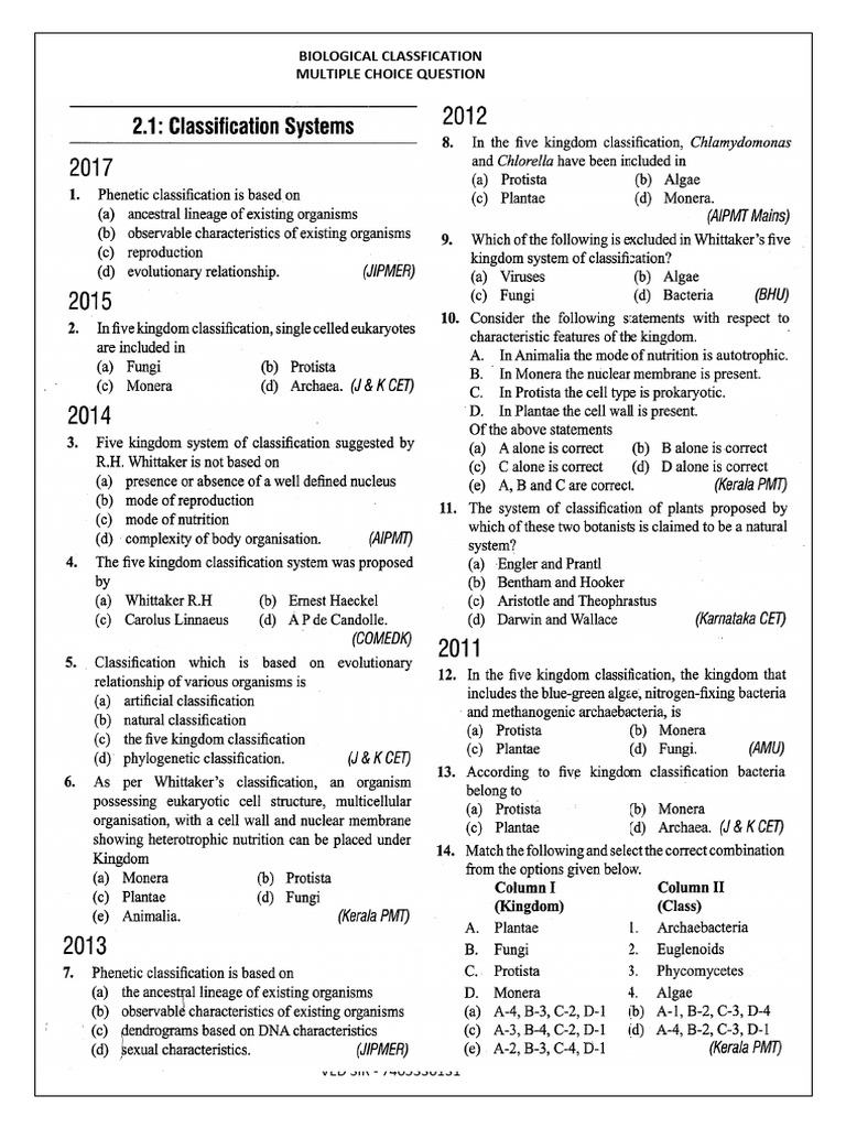 Biological Classification MCQ | PDF