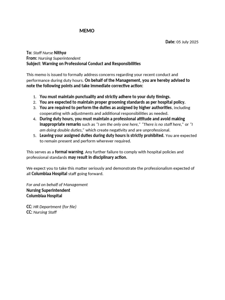 Staff Nurse Memo Nithya, Prasheela | PDF