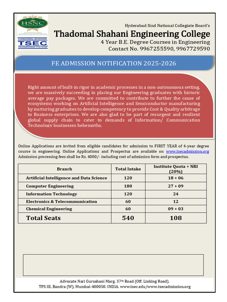 Thadomal Shahani Engineering College Admissions | PDF