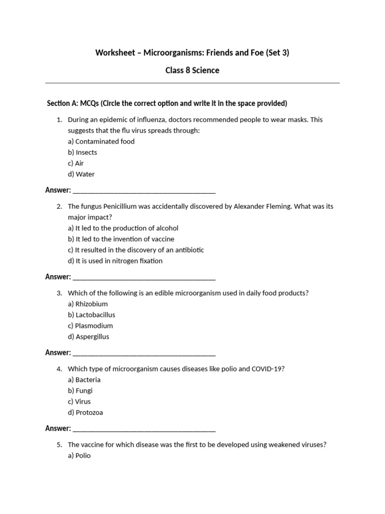 Class 8 Worksheet: Microorganisms Overview | PDF | Microorganism | Vaccines