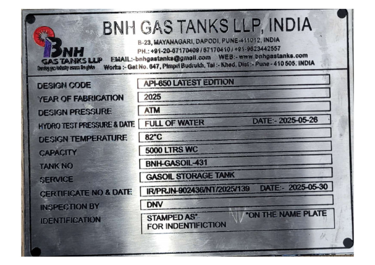 BNH Gasoil 431 Nameplate | PDF