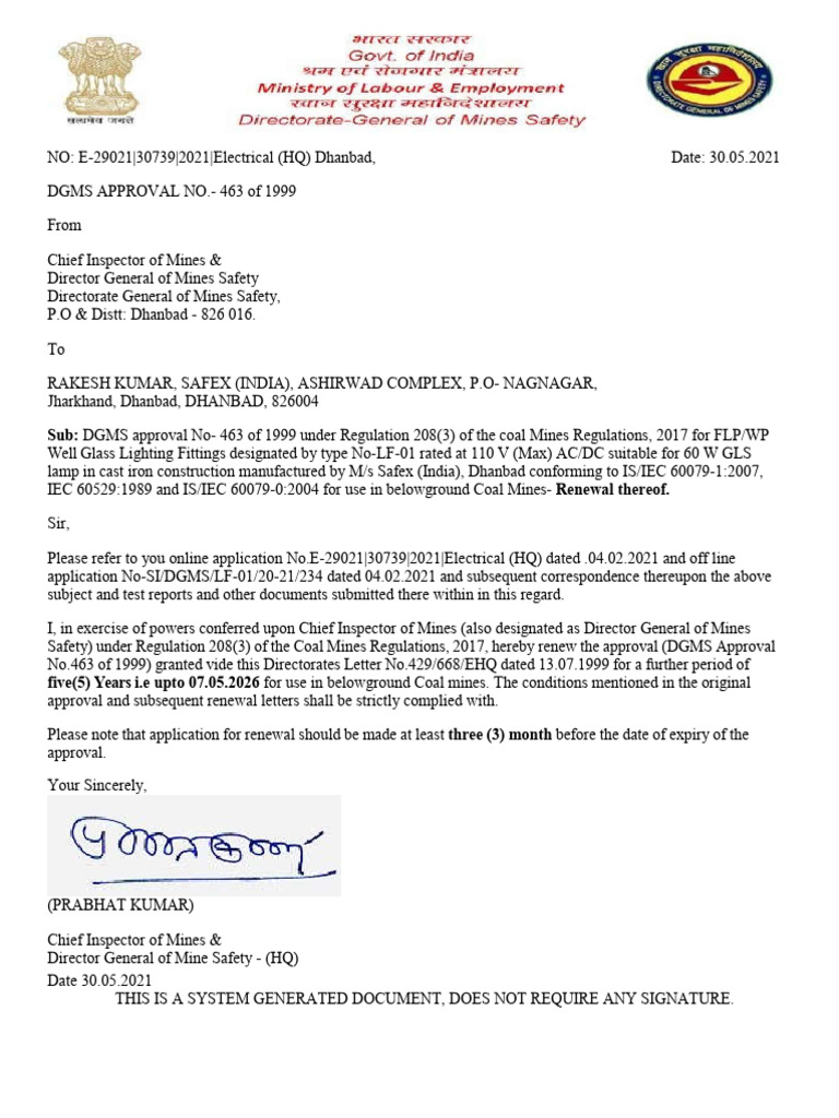 DGMS Renewal for FLP/WP Lighting Fittings | PDF
