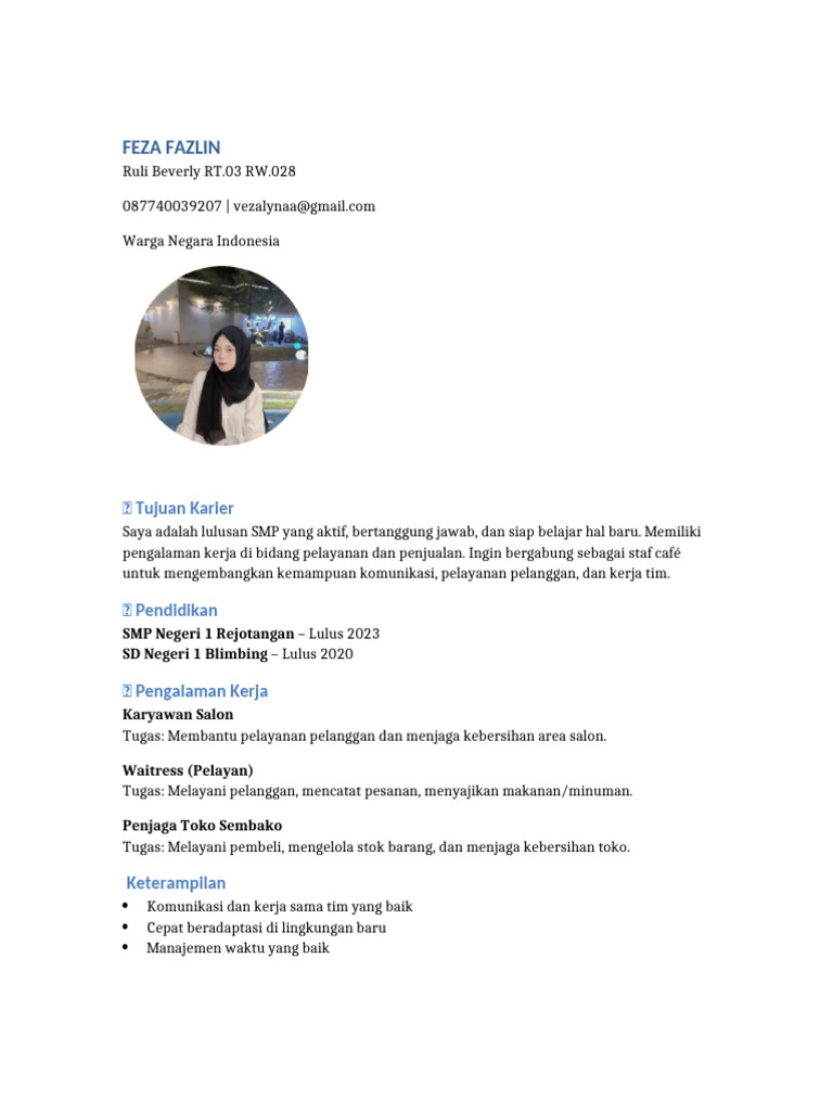 CV Feza Fazlin With Circle Photo | PDF