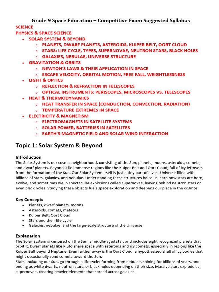 Grade 9 Syllabus Study Material Final | PDF | Liquid Propellant Rocket | Outer Space