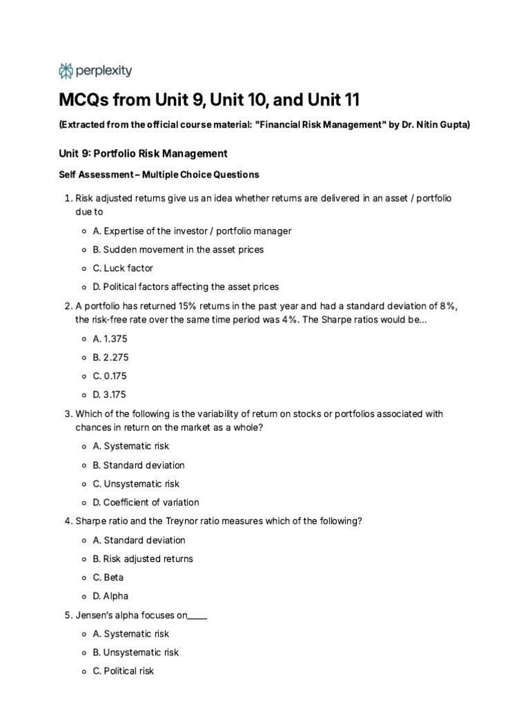 MCQs From Unit 9, Unit 10, and Unit 11 | PDF | Financial Risk | Sharpe ...