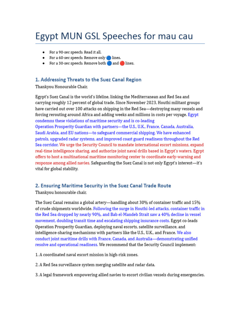 Egypt MUN GSL Speeches Final Mock | PDF | Red Sea | Suez Canal