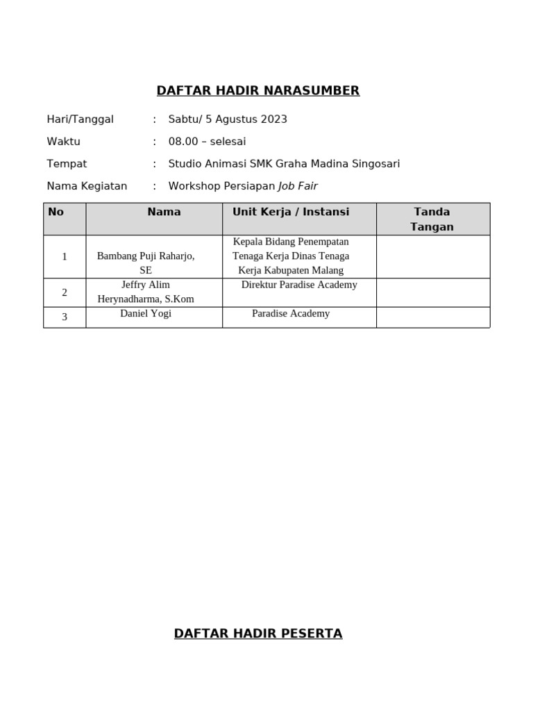 Daftar Hadir Narasumber Dan Peserta Fix Workshop Persiapan Job Fair | PDF