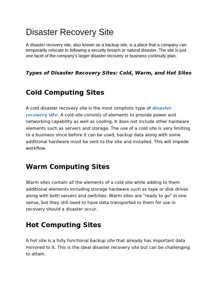 Types of Disaster Recovery Sites Explained | PDF