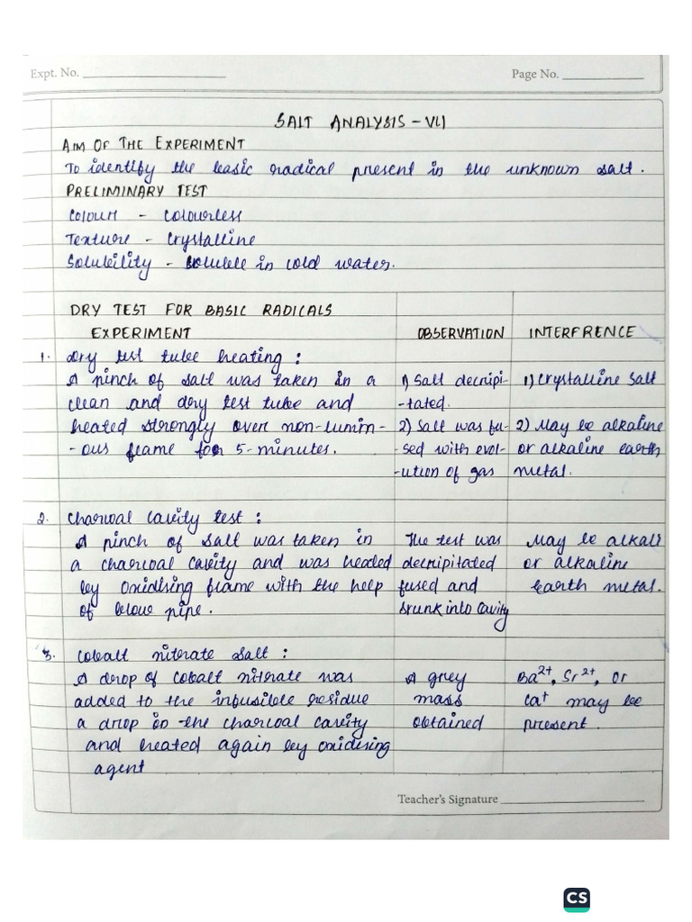 +2 Chemistry Salt Analysis Practical Record | PDF