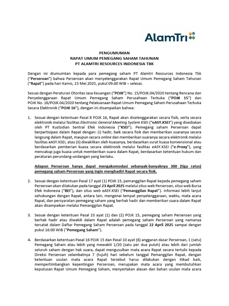 Rapat Umum Pemegang Saham Alamtri 2025 | PDF