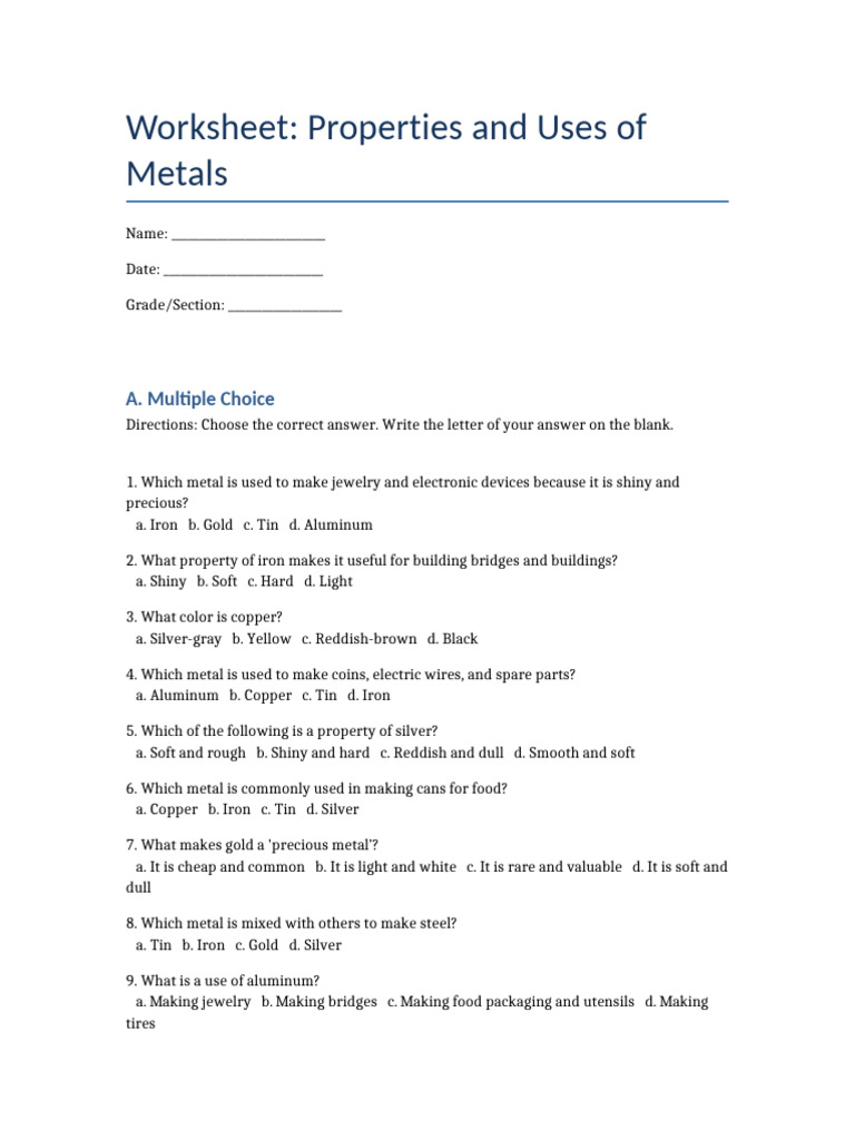 Metals Quiz Worksheet and Answer Key | PDF
