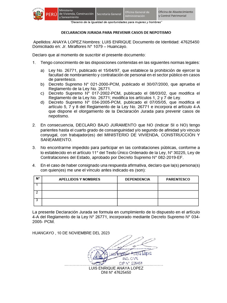 4-Declaracion Jurada para Prevenir Casos de Nepotismo | PDF ...