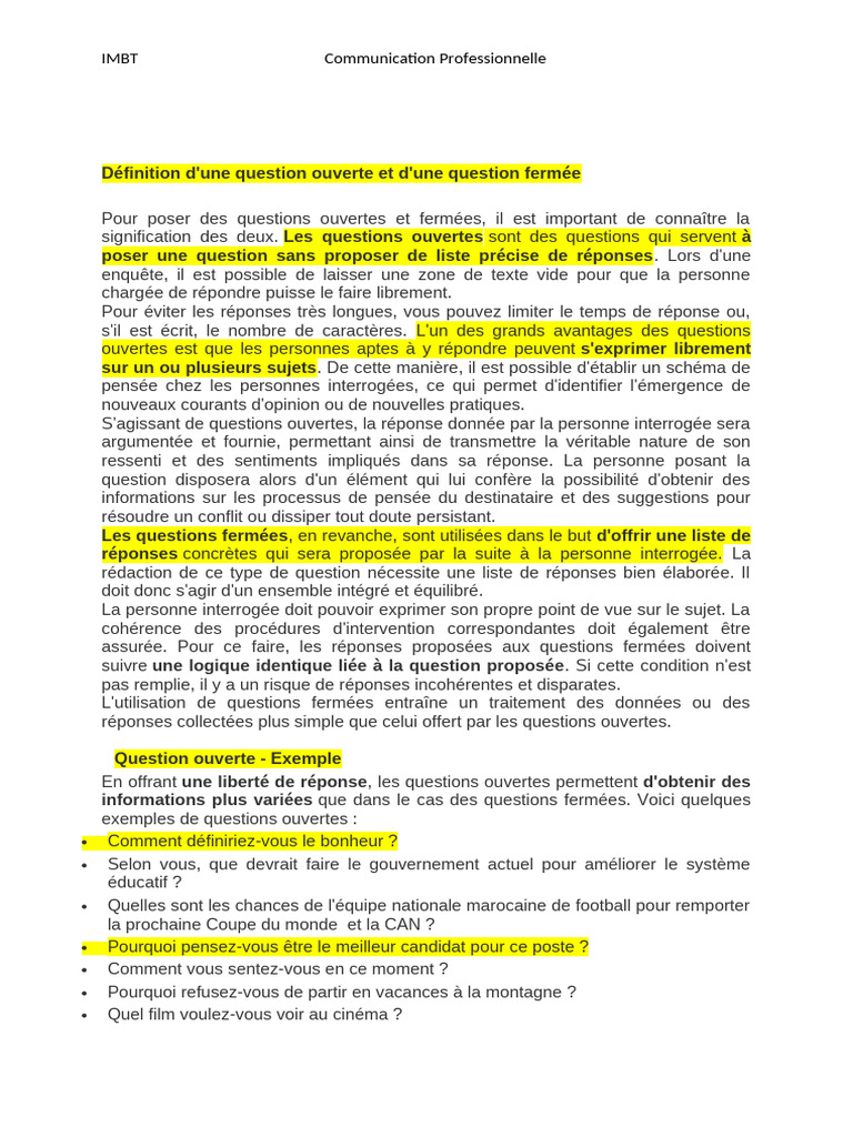 Questions ouvertes et fermées expliquées | PDF