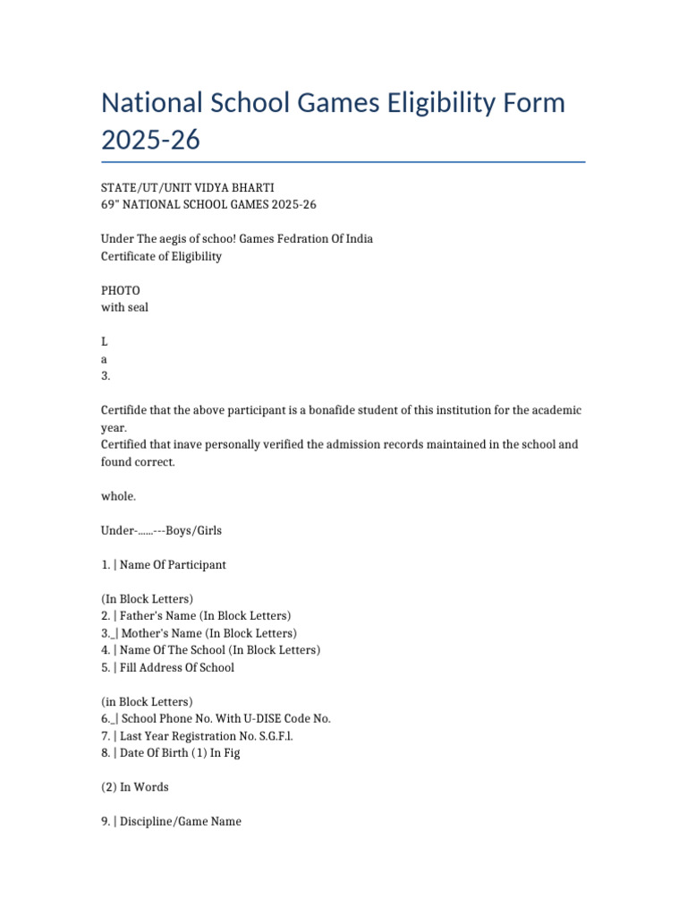 National School Games Eligibility Form 2025-26 | PDF