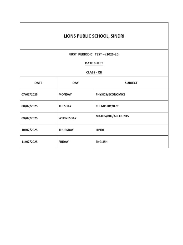Class XII Periodic Test Date Sheet 2025 | PDF