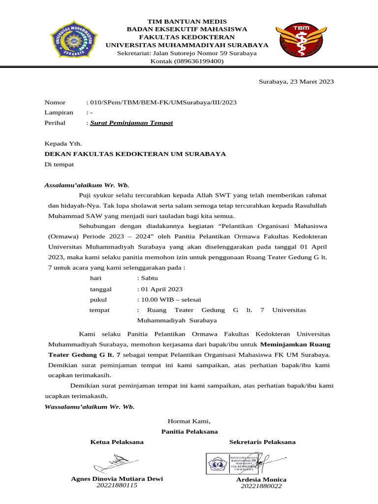 (TBM) Surat Peminjaman Tempat Pelantikan Ormawa 2023 - Dekan FK Umsby | PDF