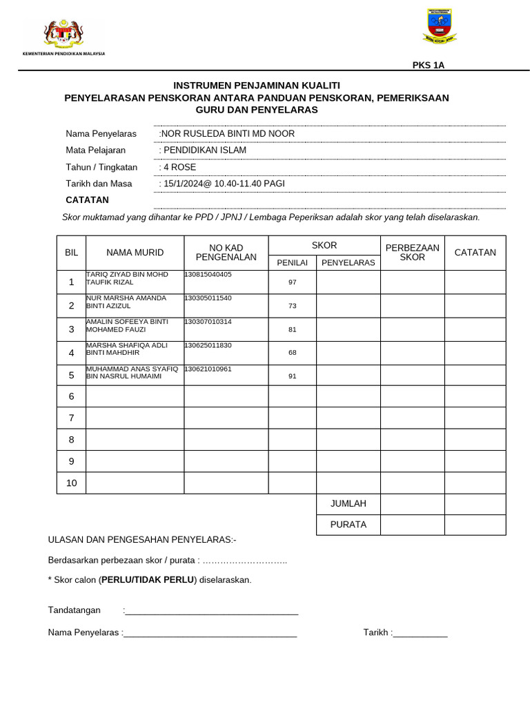 Pks 1a Borang Penyelarasan Skor | PDF