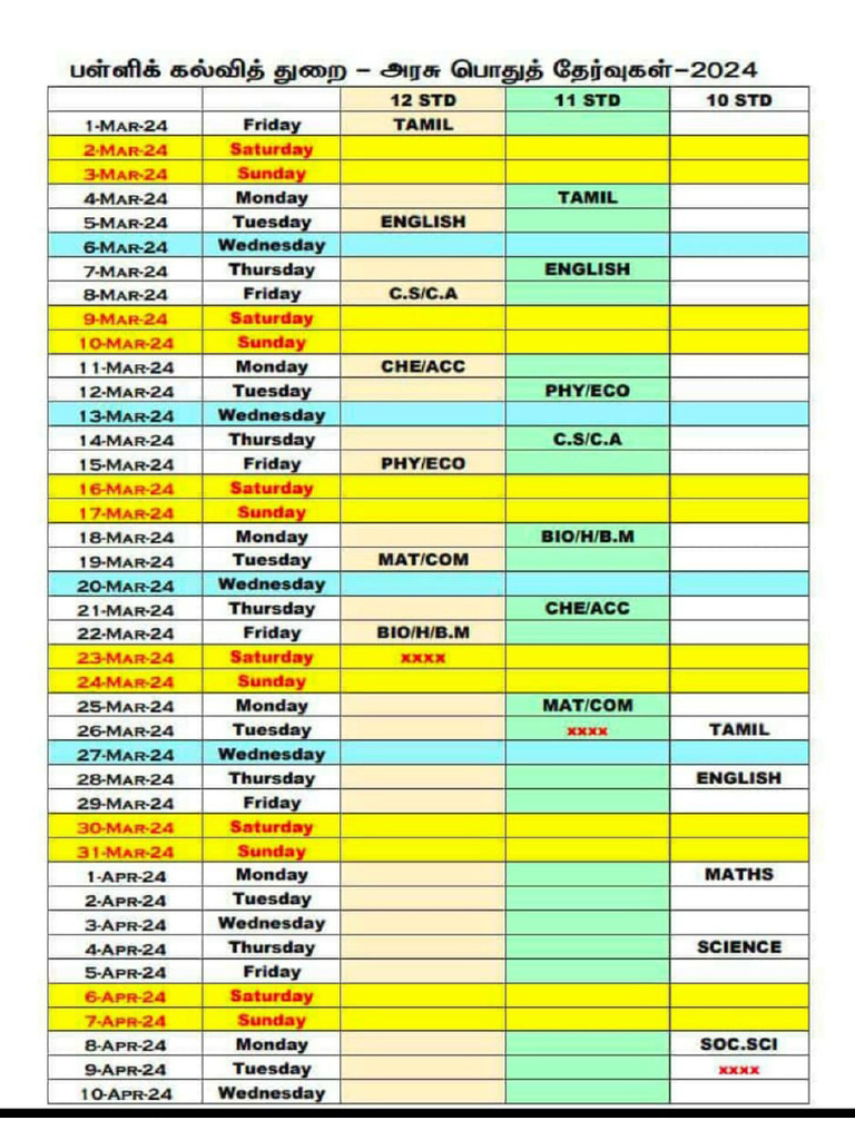 Public Exam 2024 Combined Time Table | PDF