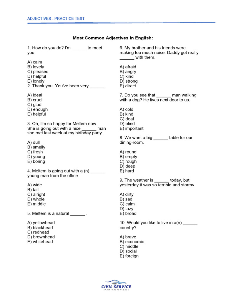 Adjective Practice Test for English Learners | PDF