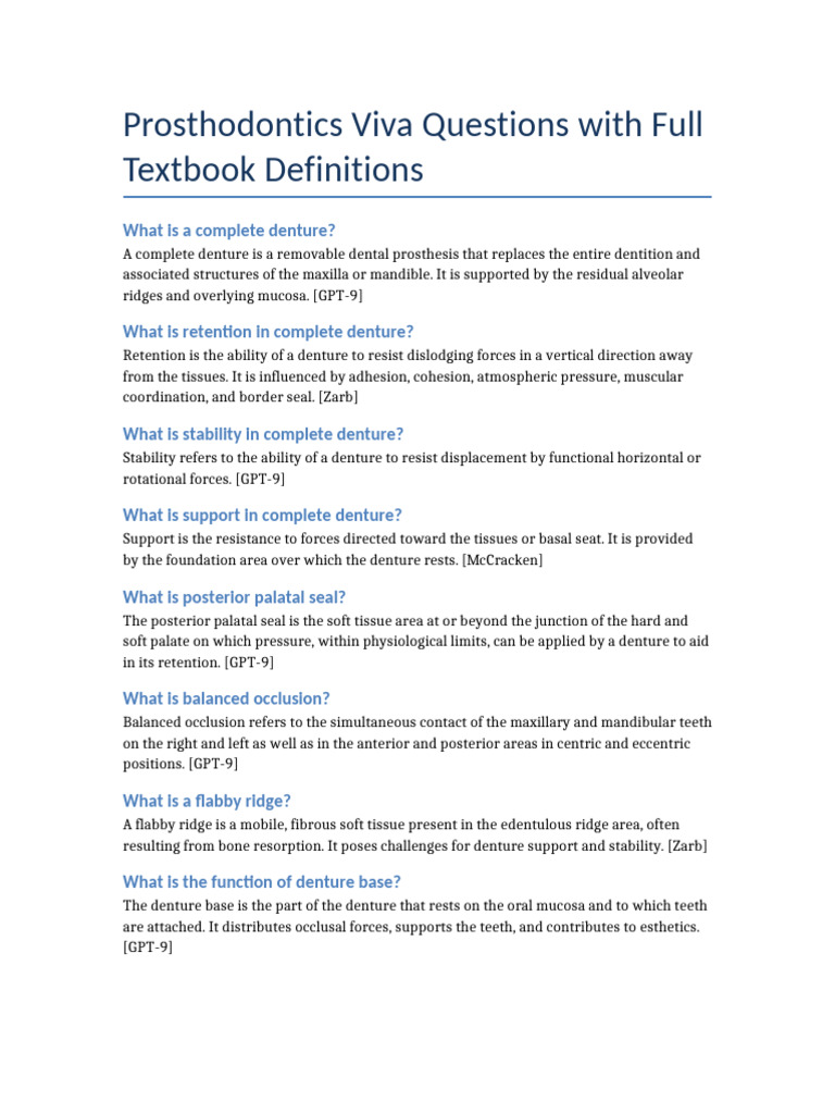Prosthodontics Viva QA Full Textbook | PDF | Dentures | Dentistry Branches