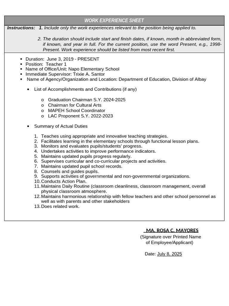 Work Experience Sheet - CSC Form No. 212 | PDF