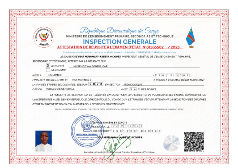 Attestation Musengi Wa Bondo Icar | PDF