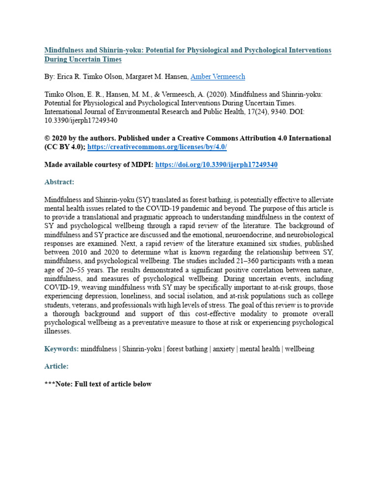 Mindfulness and Shinrin-Yoku: Potential For Physiological and ...