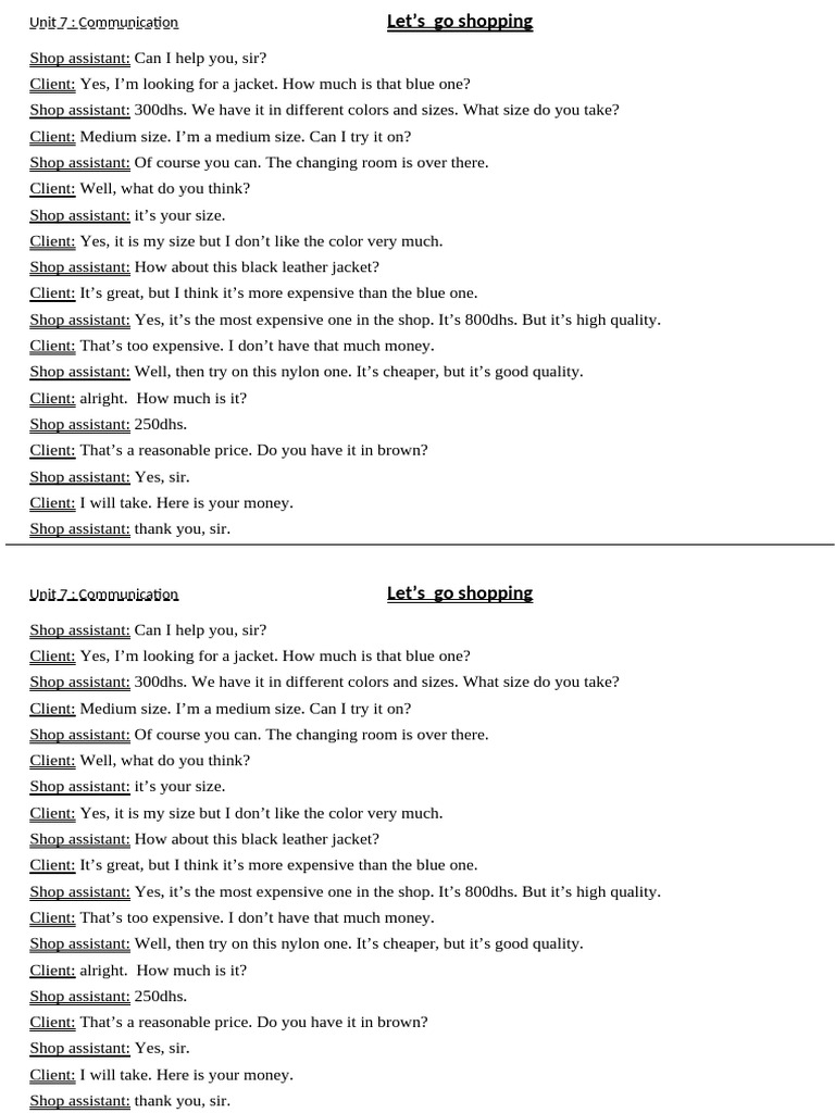 Dialogue Shopping X4 Unit 7 Com Lesson | PDF
