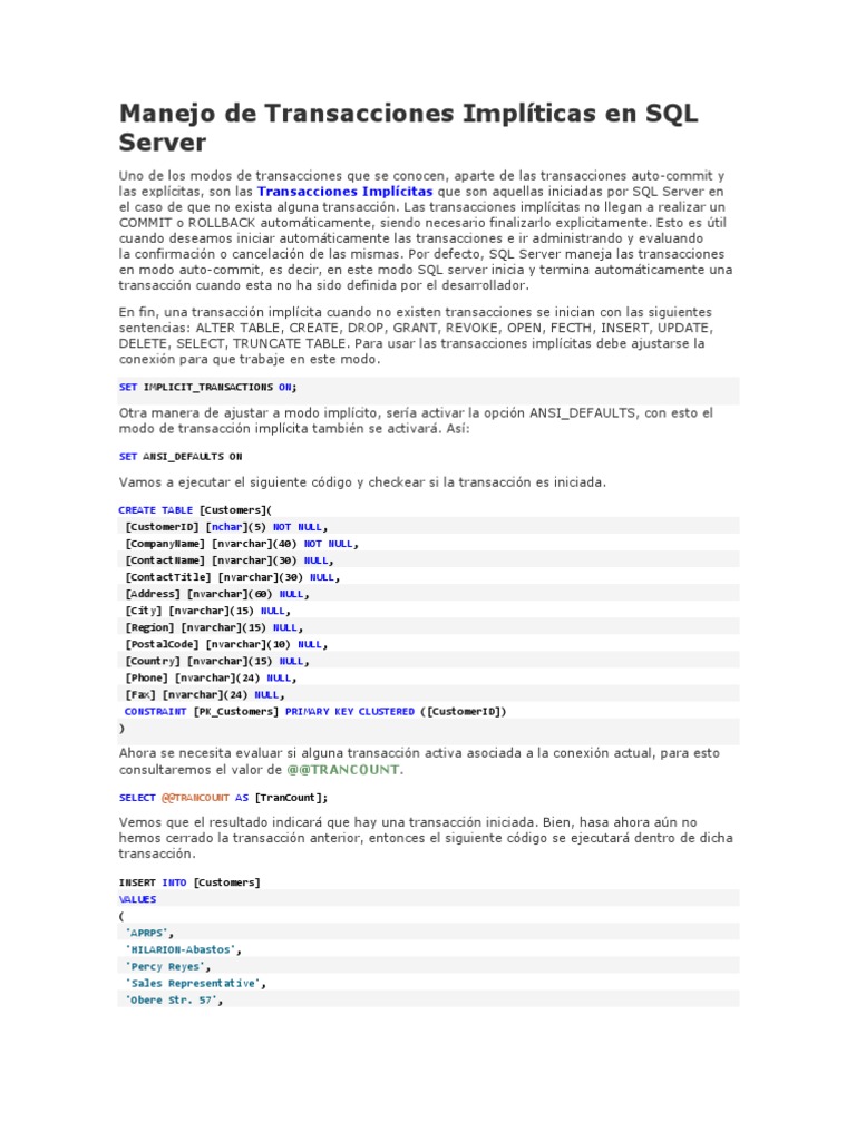 Manejo de Transacciones Implíticas en SQL Server | PDF | Servidor SQL de Microsoft | SQL