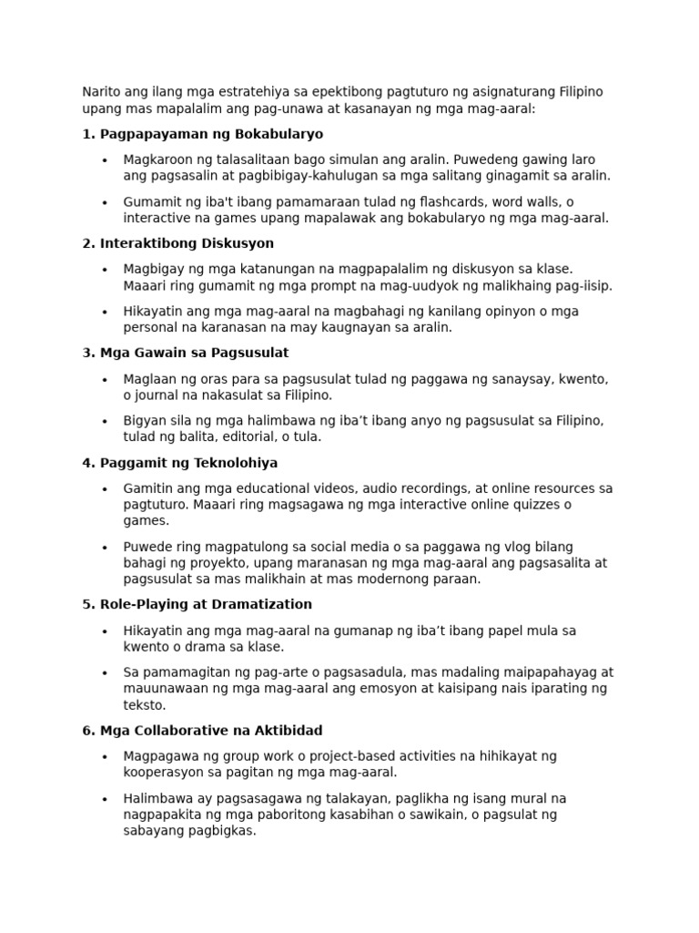 Estratehiya Sa Pagtuturo Sa Asignaturang Filipino | PDF