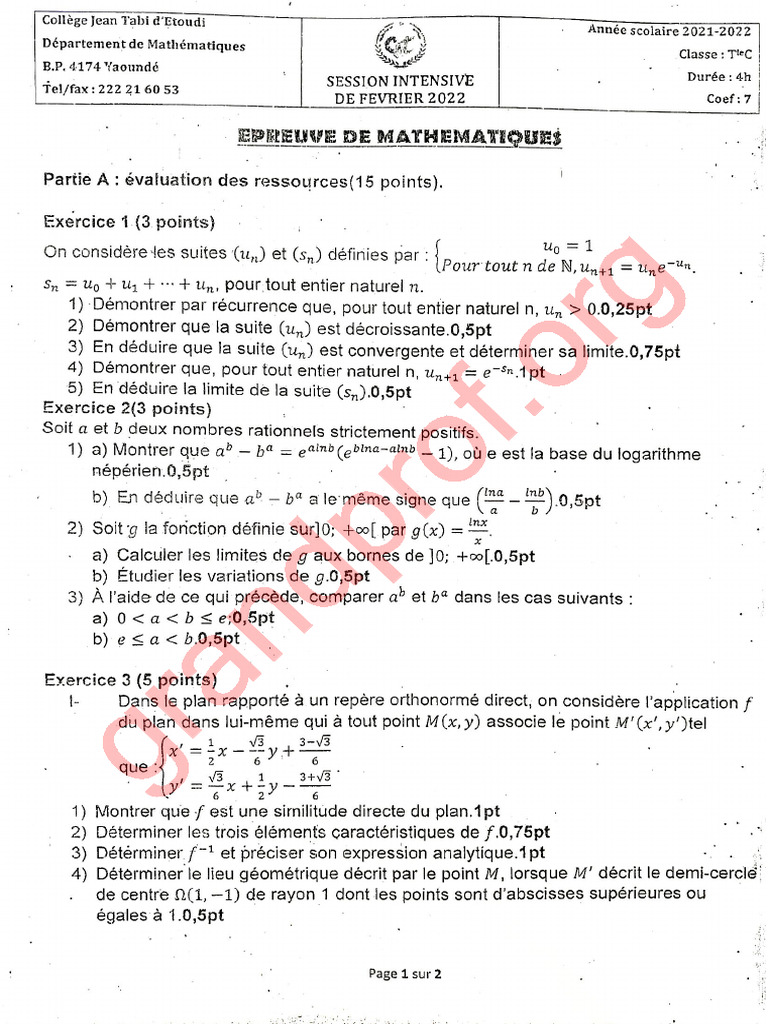 Maths TleC Bac Blanc College Jean Tabi Fevrier 2022 | PDF