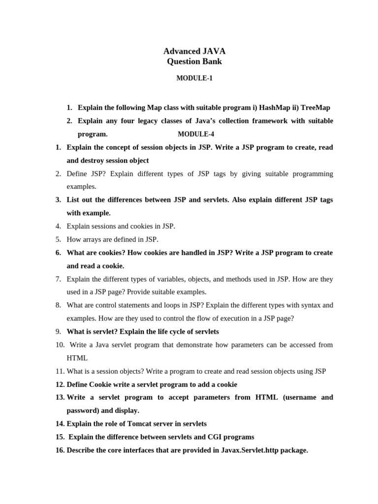Advanced JAVA - Question Bank - Module4 and 1 | PDF