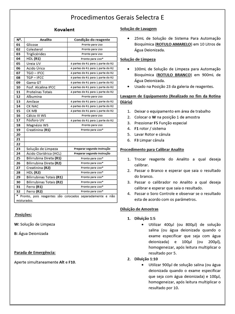 Procedimentos Gerais Selectra E | PDF | Ácido clorídrico | Compostos químicos