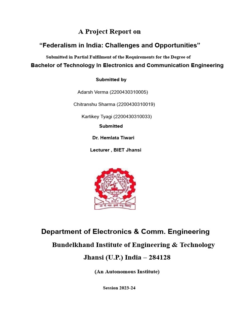 Federalism A Project Report On | PDF | Government