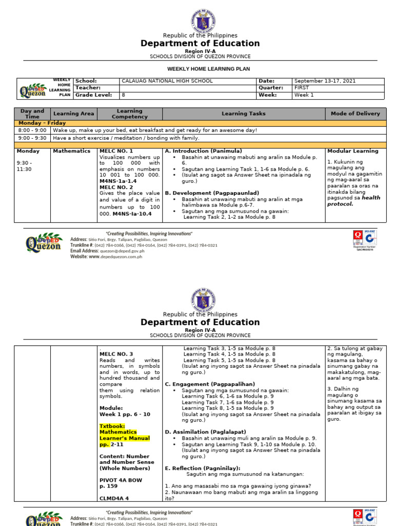 Weekly Home Learning Plan Grade 4 | PDF