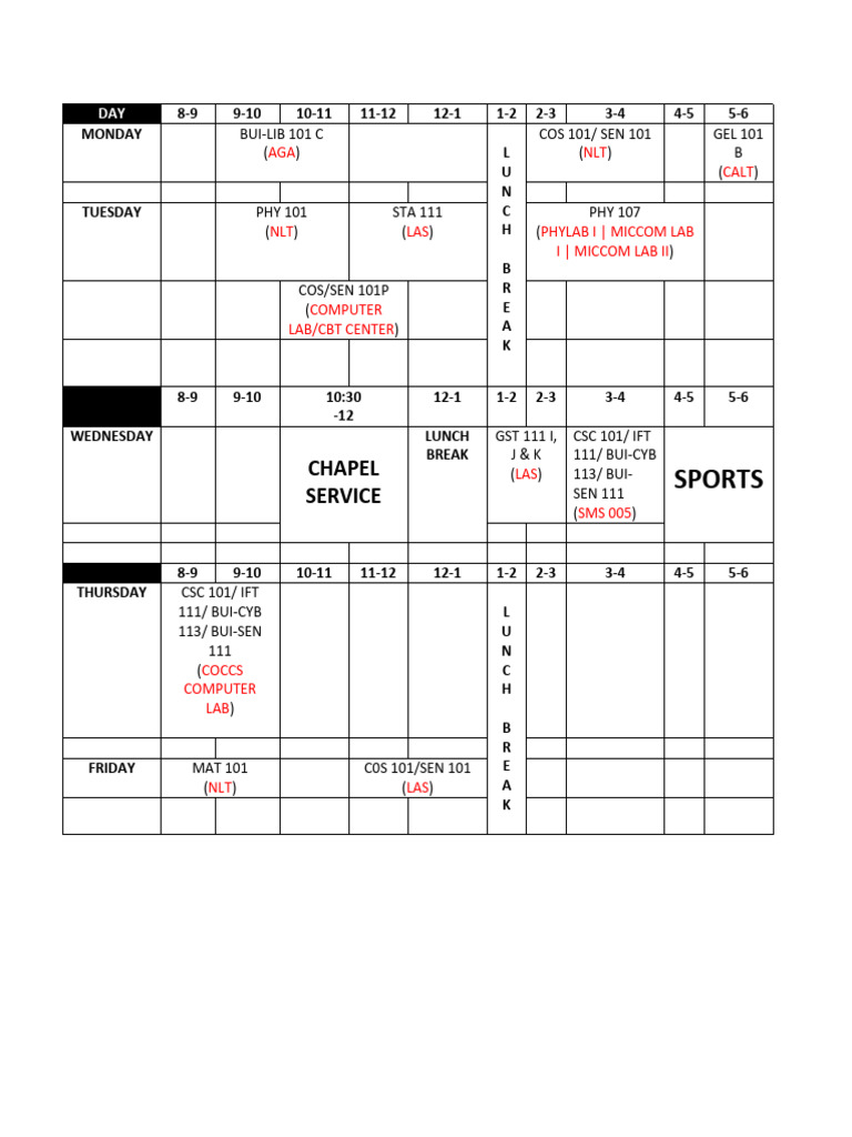 100 LVL First Semester Timetable Draft | PDF