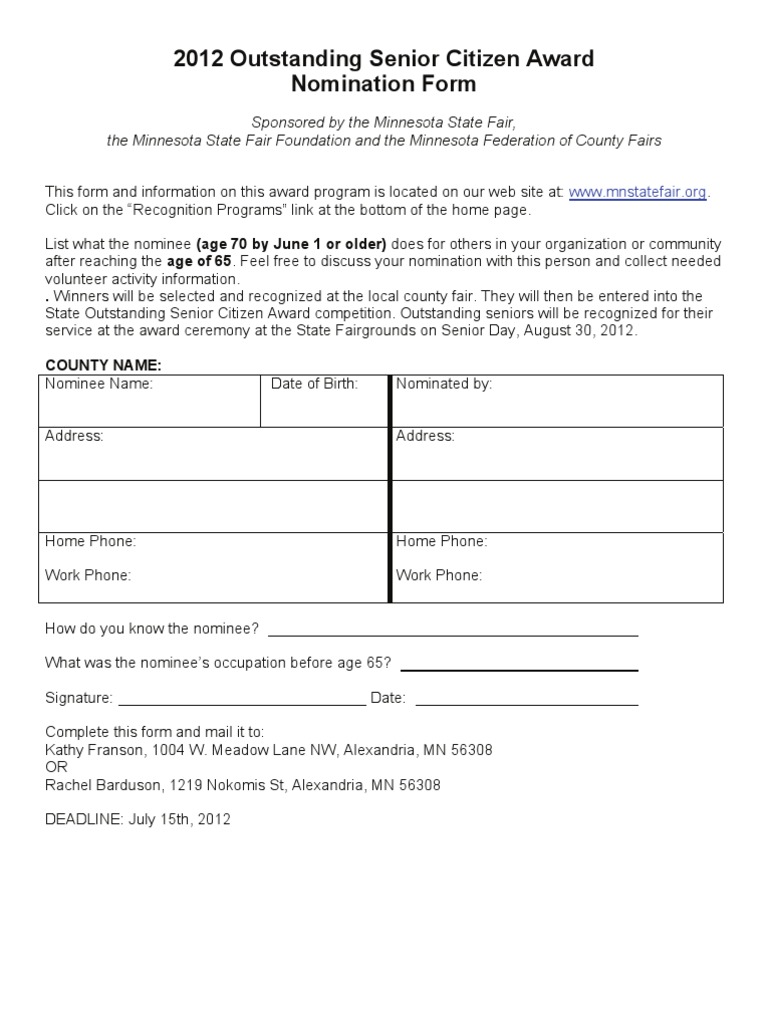 Outstanding Senior Citizen Award Nomination | PDF | Volunteering ...