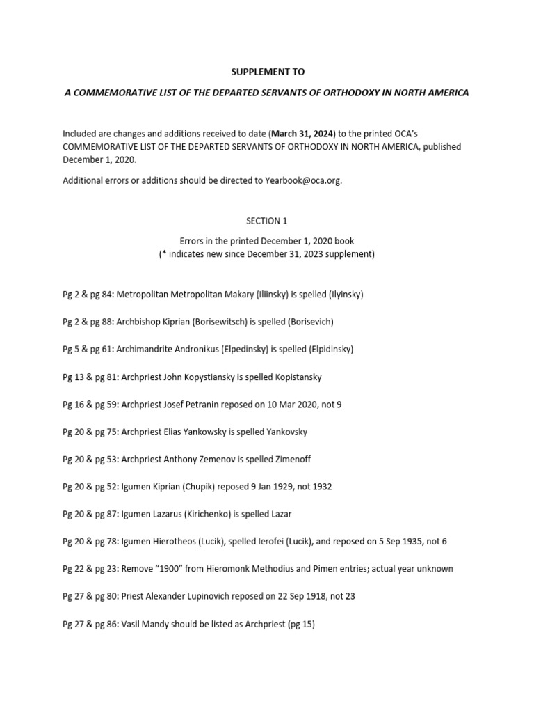 2024 0331 Oca Diptychs Supplement | PDF | Eastern Christianity ...