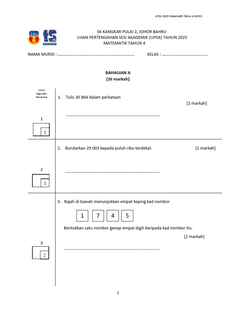 Matematik Tahun 4 Upsa 2025 | PDF