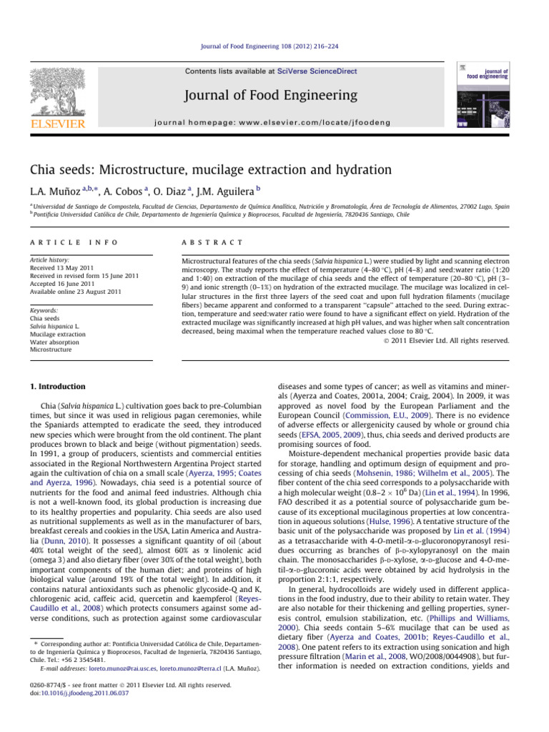 Chia Seeds. Microstructure, Mucilage Extraction and Hydration | PDF