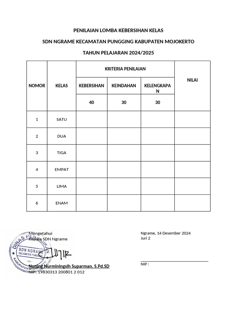 Penilaian Lomba Kebersihan Kelas | PDF
