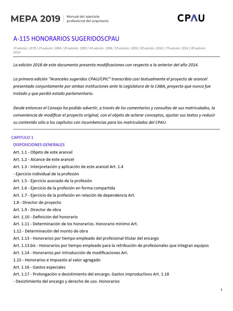 A-115 Honorarios Sugeridos Cpau: La Edición 2018 de Este Documento Presenta Modificaciones Con ...