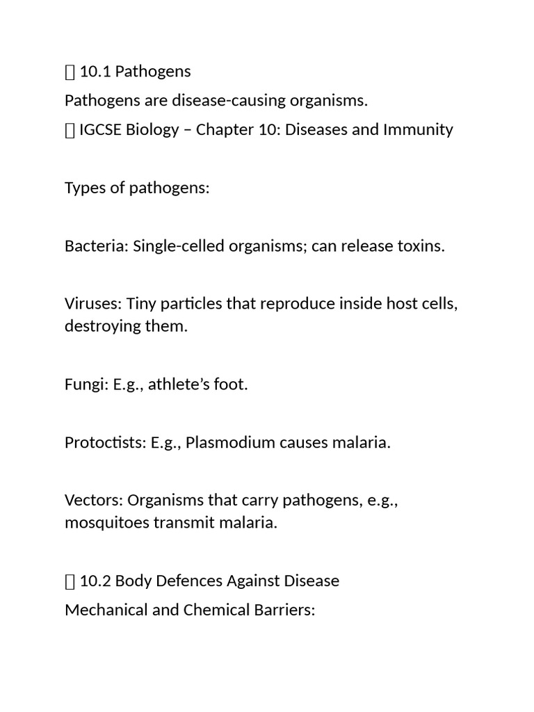 ? IGCSE Biology Chapter 10 Notes | PDF | Immune System | Pathogen