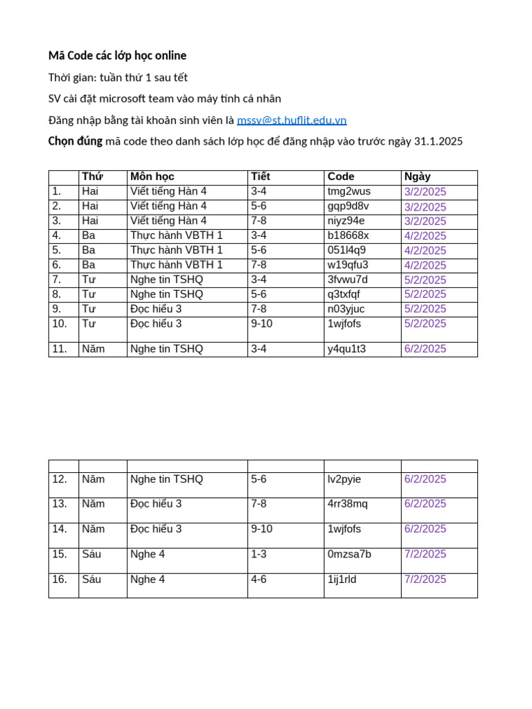 Mã Code Các Lớp Học Online | PDF