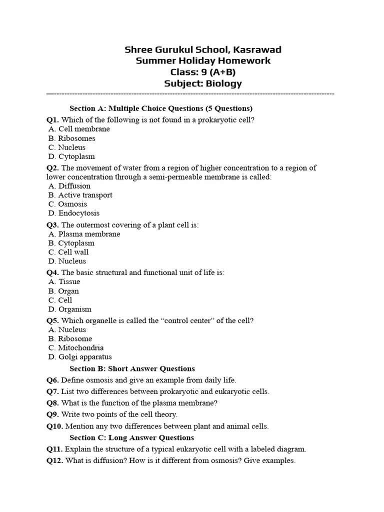 9th Biology Summer Holiday Homework | PDF | Cell (Biology) | Organelle