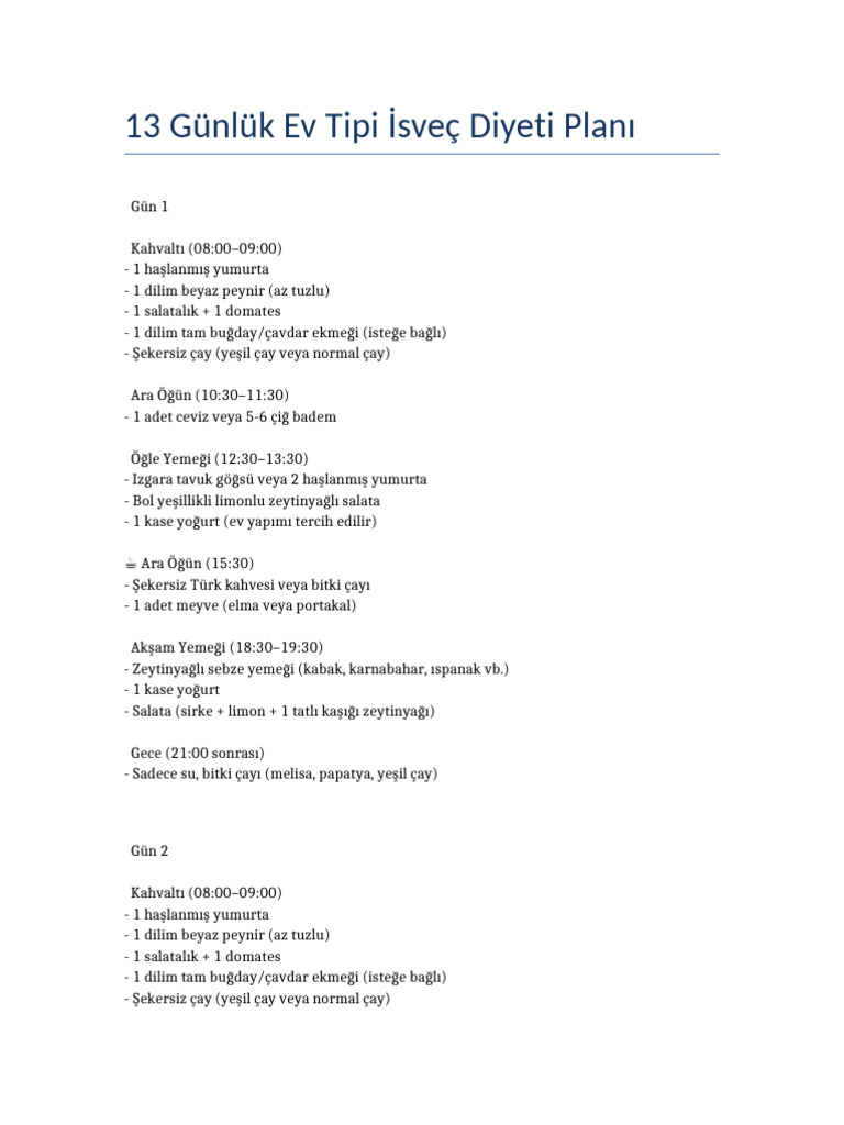 Isvec Diyeti 13 Gun Ev Plan | PDF