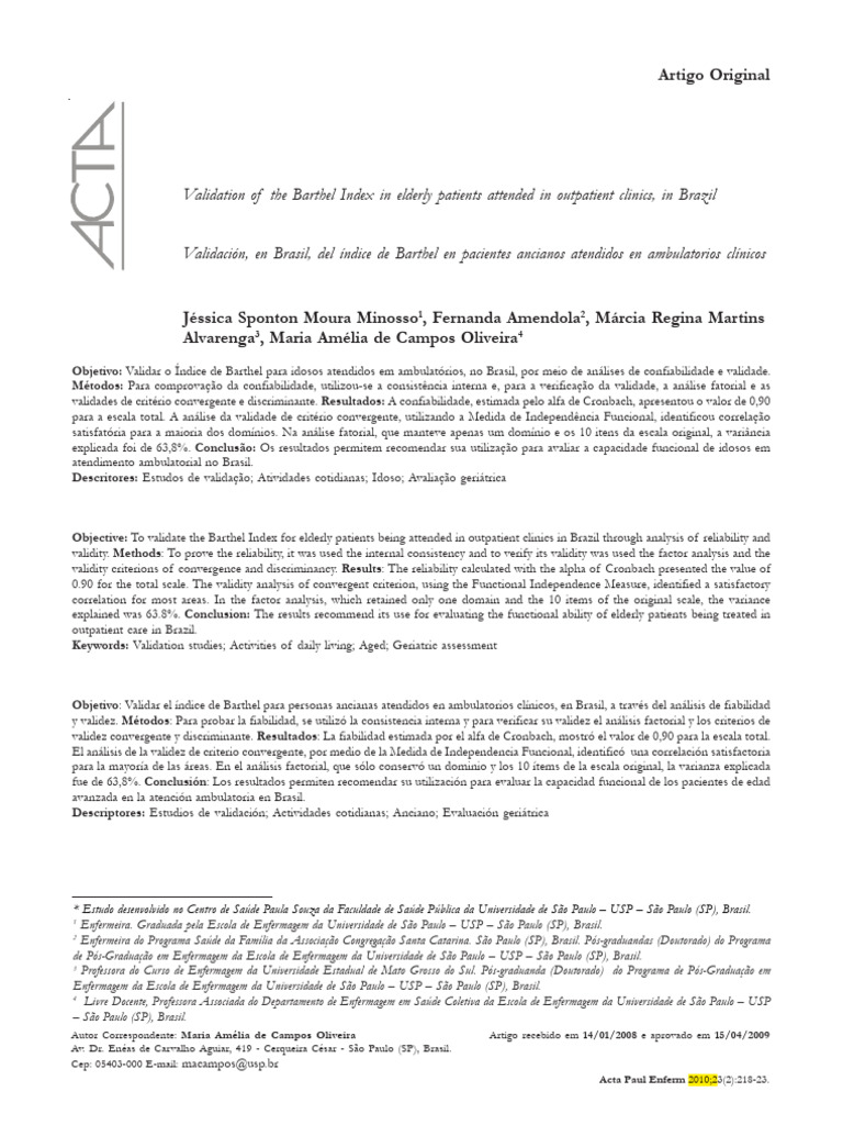 Modified Barthel Index - 3 | PDF | São Paulo | Consentimento Livre e ...