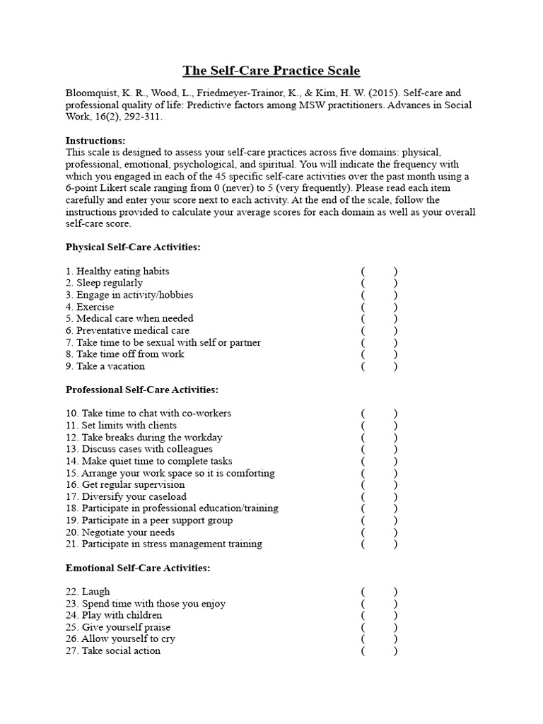Self-Care Practice Scale Guide | PDF | Psychology | Behavioural Sciences